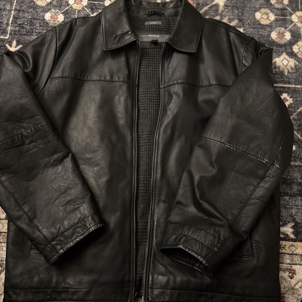 Perry Ellis Men's Black Classic Leather Jacket Lambsk… - Gem